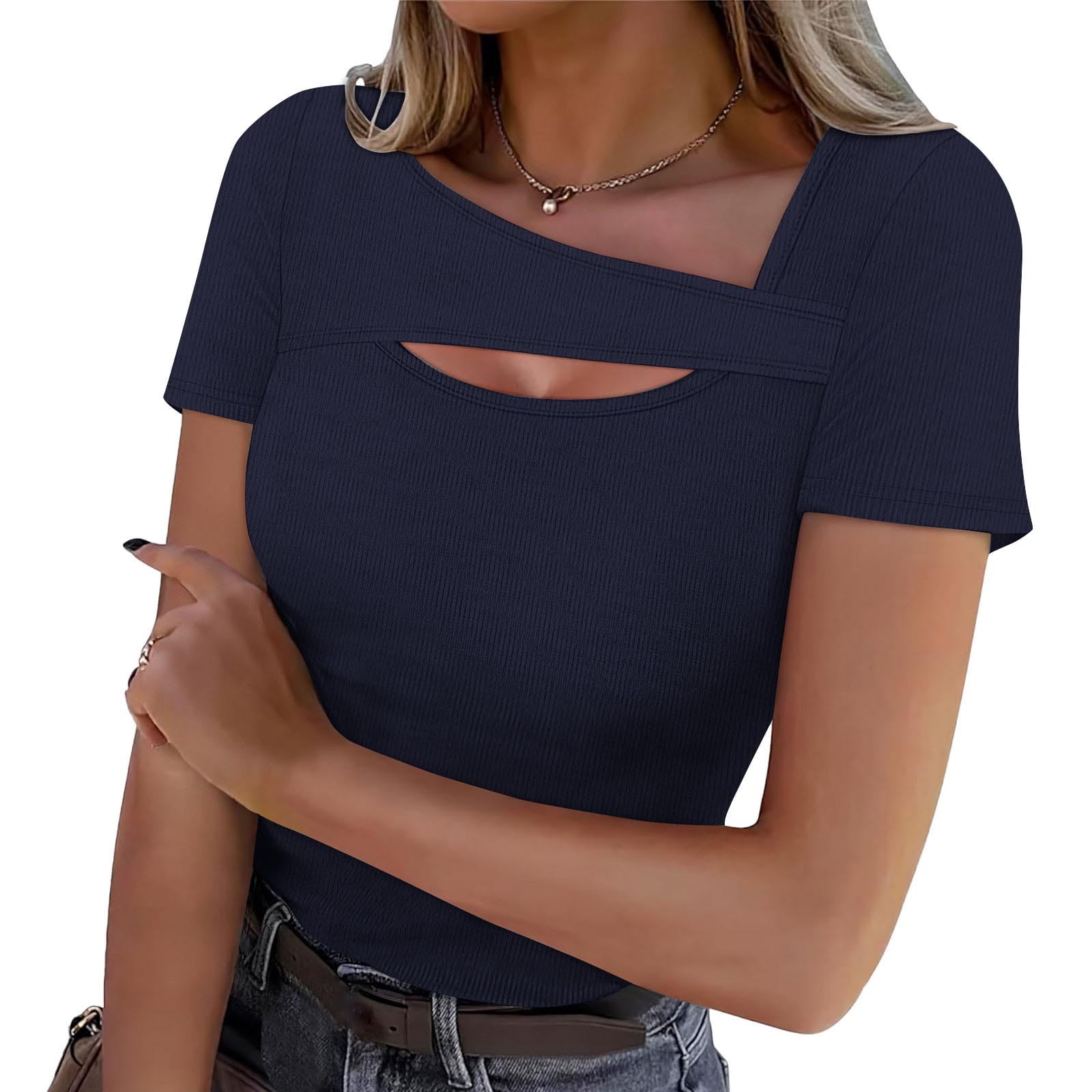 Click here for Ovbmpzd Dark Blue Women Tops Short Sleeve Cutout S... prices