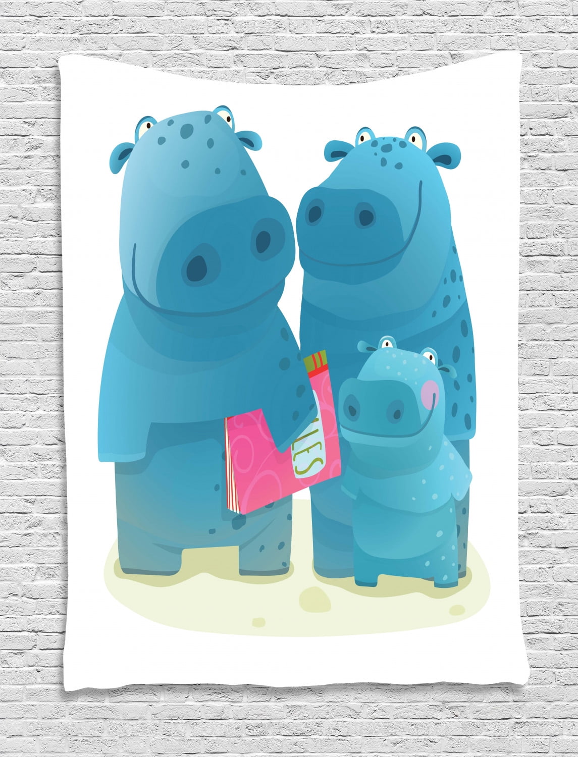 Hippo Tapestry, Graphic Happy Hippo Family with Father Mother and ...