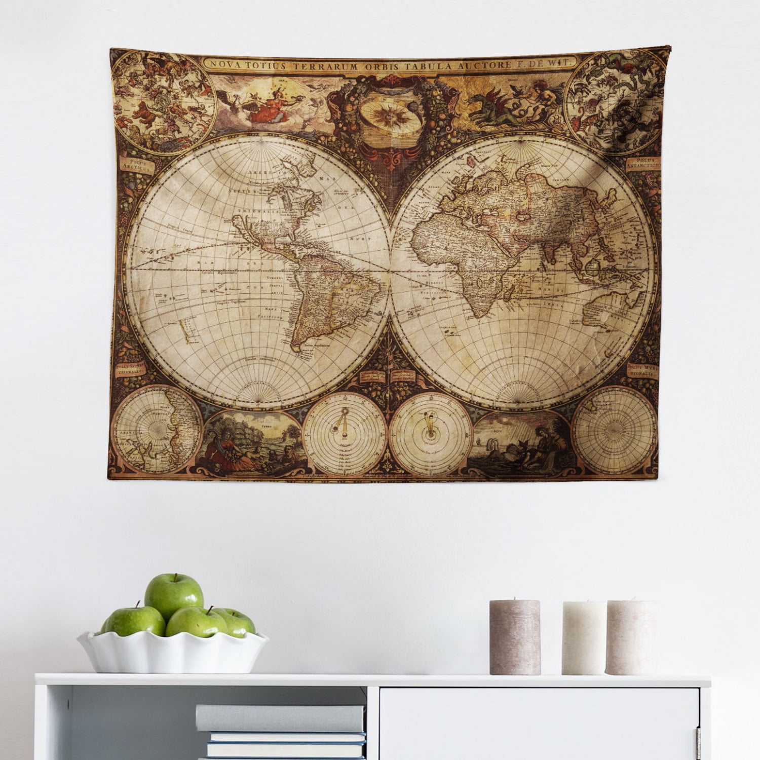 World Map Tapestry, Antique Map with Farmers Field Sun Birds Clouds ...