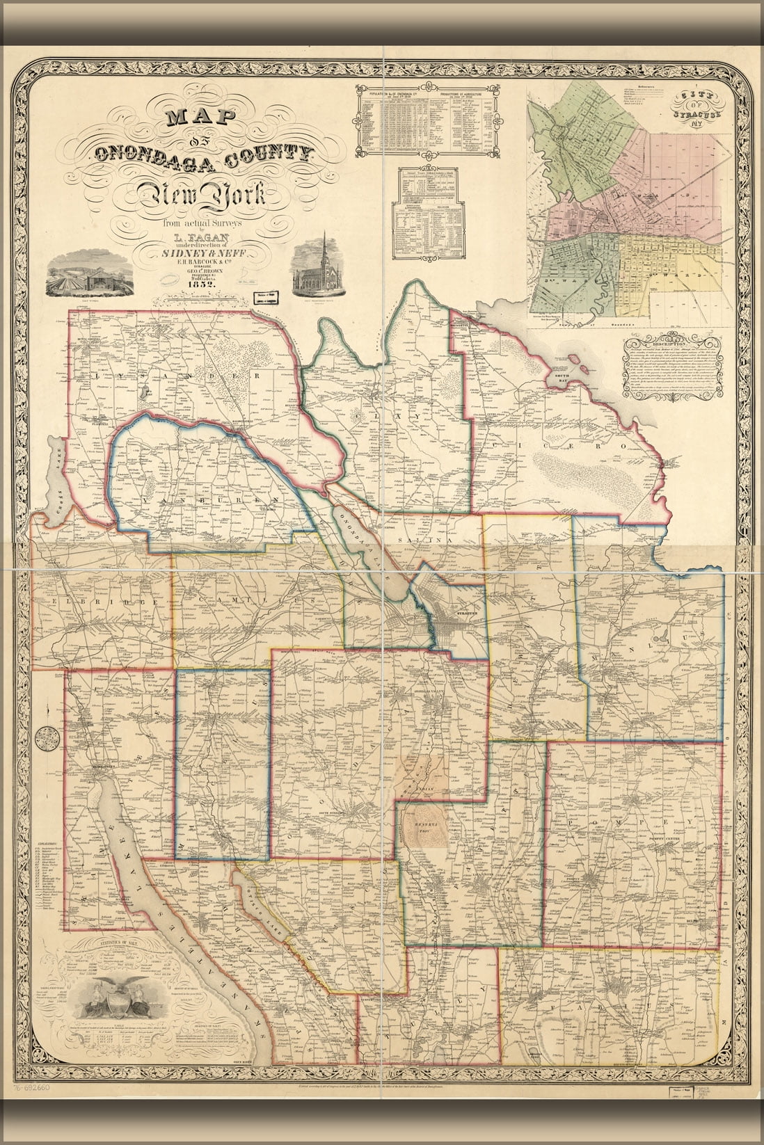 24"x36" Gallery Poster, Map of Onondaga County, New York 1852 - Walmart.com