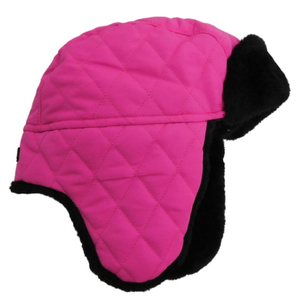 Girls Quilted Pink & Black Faux Fur Aviator Trapper Hat - Walmart.com