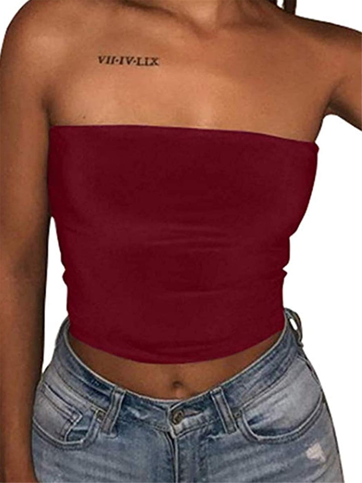 Focusnorm Focusnormm Womens Bandeau Crop Top Sleeveless Stretchy