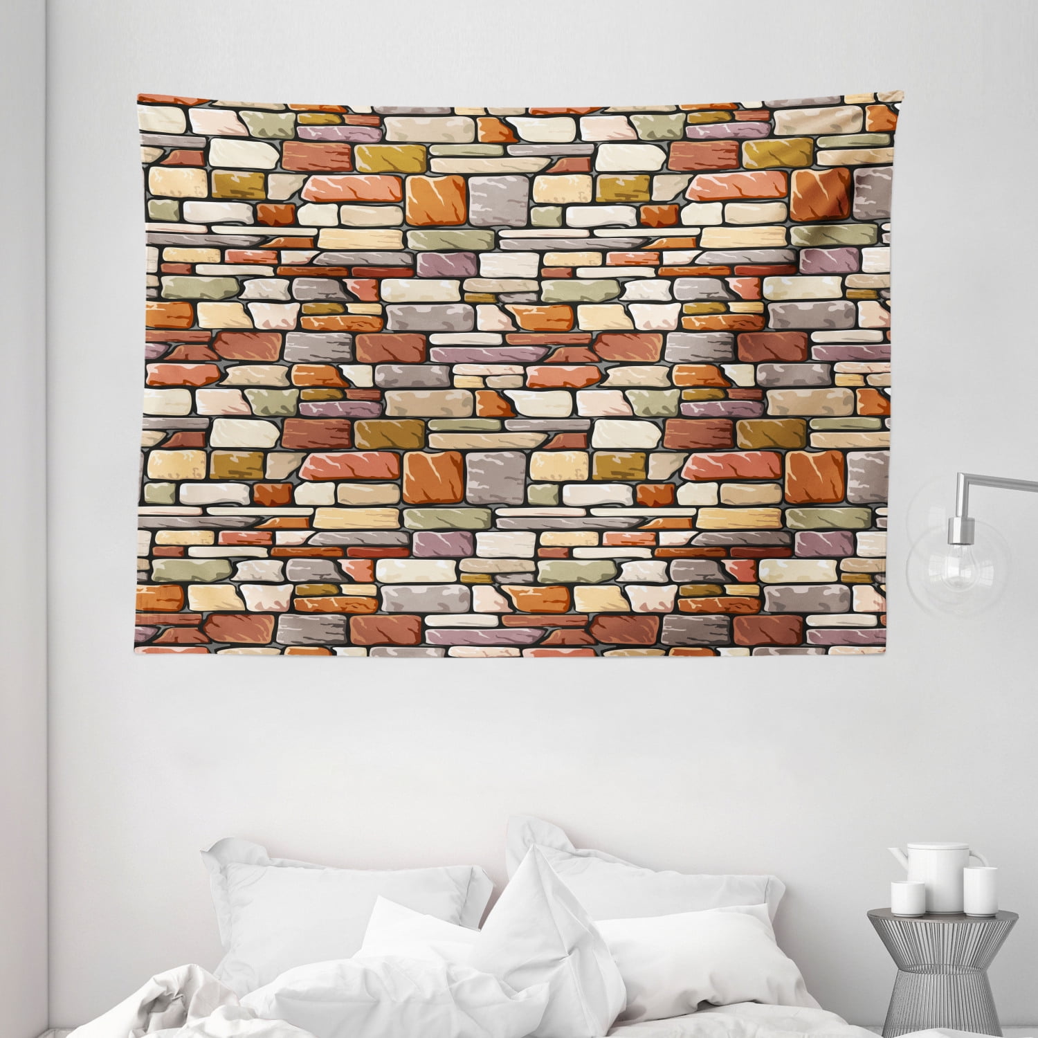 Grunge Tapestry, Cartoon Wall Pattern with Stone Motifs Construction ...