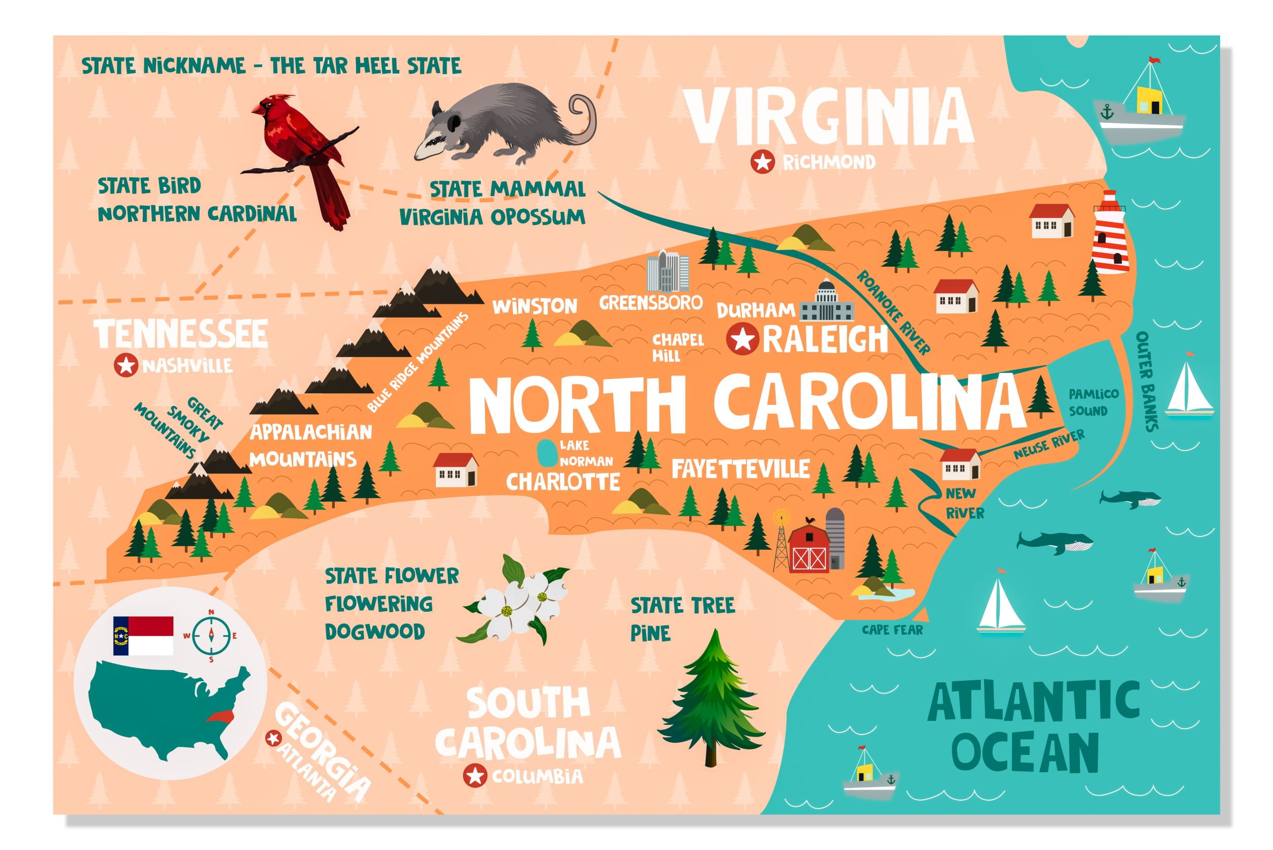 North Carolina State Map Wall Hanging Tapestry Home Classroom Poster ...