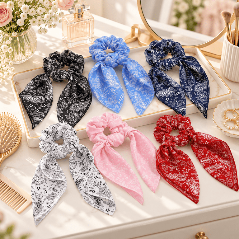 Chiffon Scarf Scrunchies, 6 Pack, Paisley Bow Hair Ties with Detachable ...