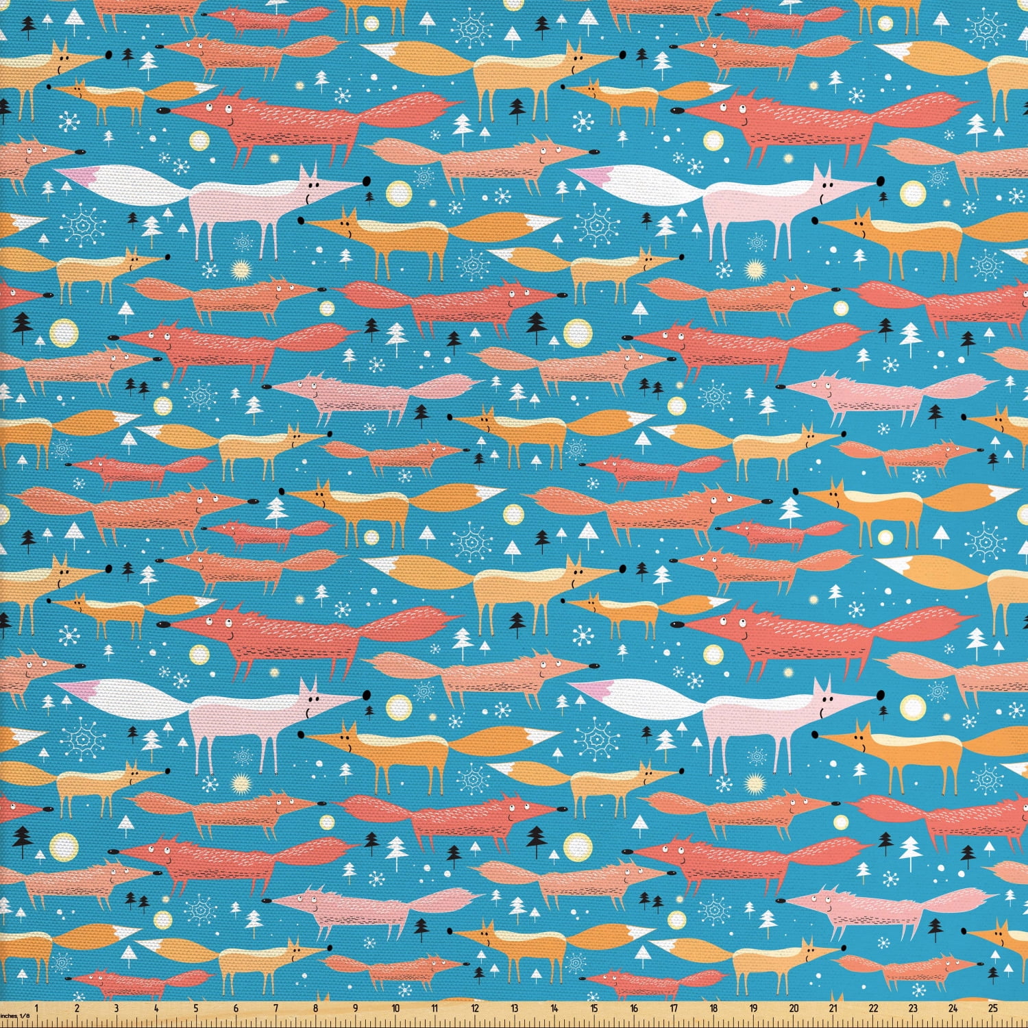 Fox Fabric by the Yard, Cartoon Style Jolly Forest Animals with Tiny ...