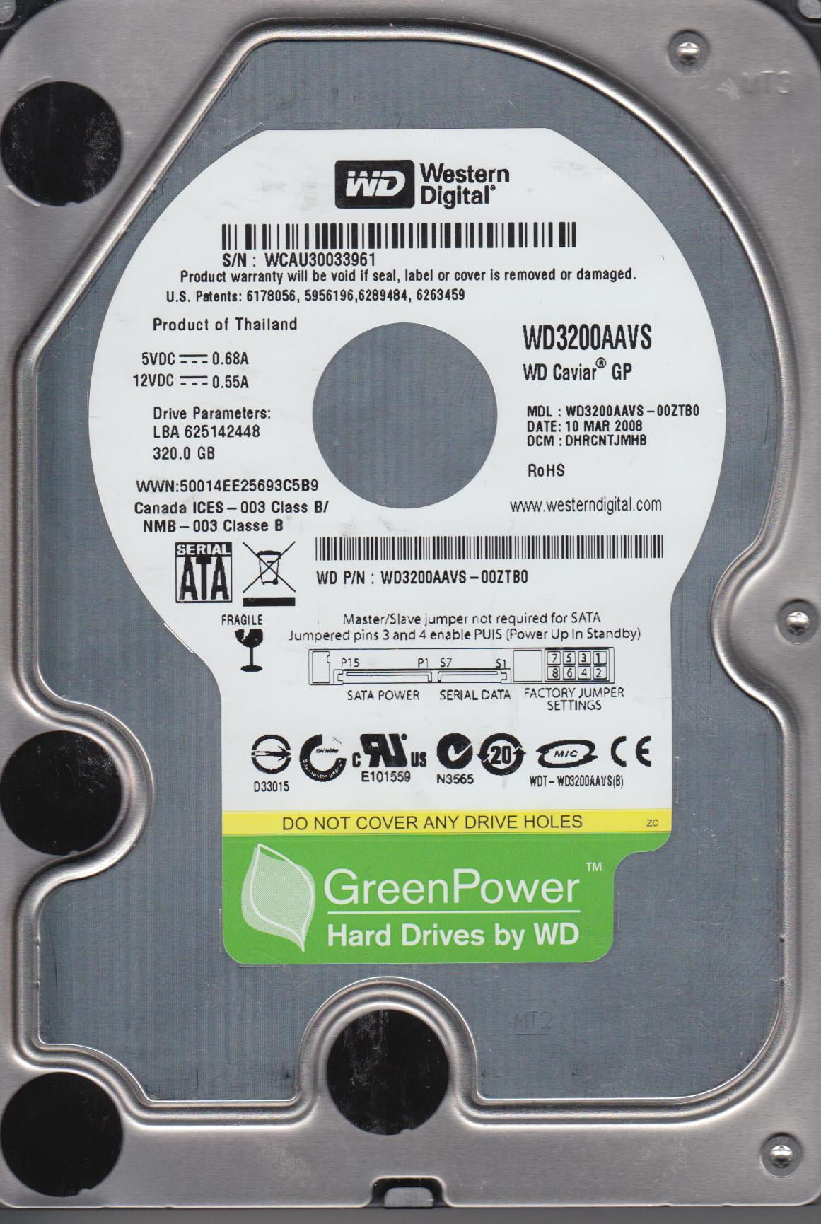 WD3200AAVS-00ZTB0, DCM DHRCNTJMHB, Western Digital 320GB SATA 3.5 Hard ...