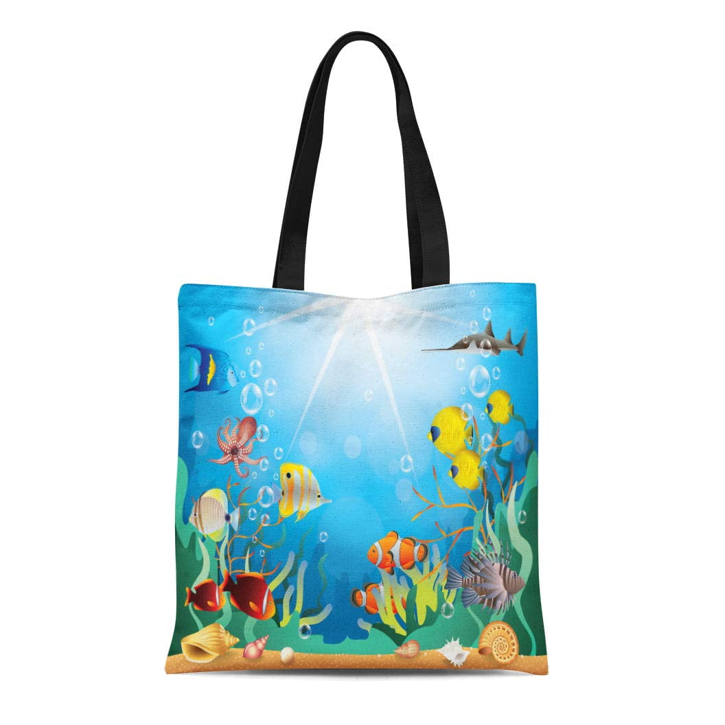 SIDONKU Canvas Bag Resuable Tote Grocery Shopping Bags Blue Aquarium ...