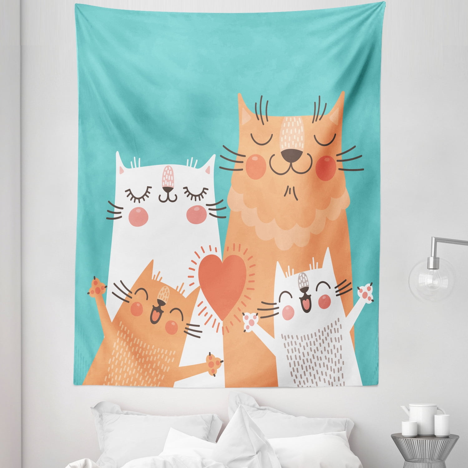 Funny Tapestry, Kitten Couple Happy Paws Loving Heart with Family Cats ...