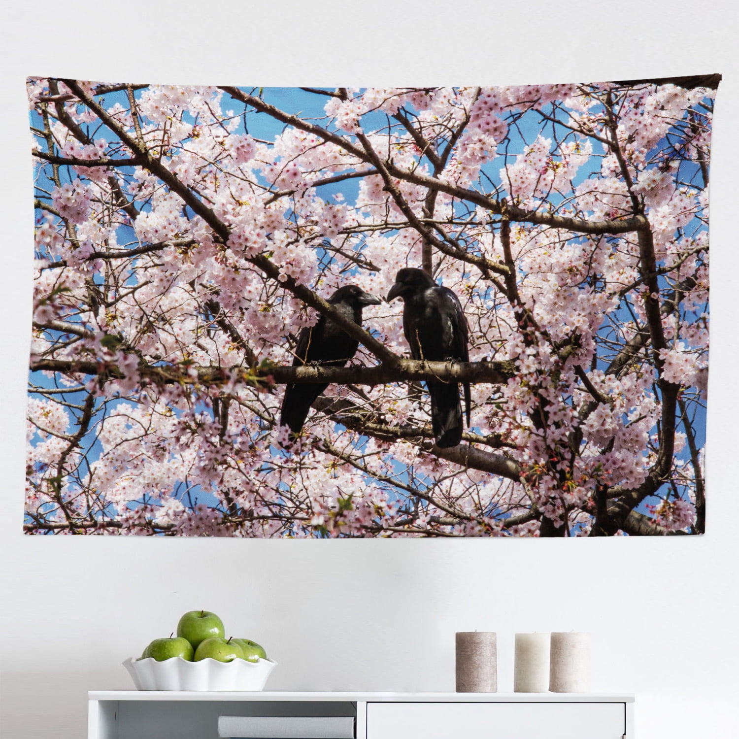 Black Crow Tapestry, Grunge Hand Drawn Ink Sketch of Flying Bird Gothic ...