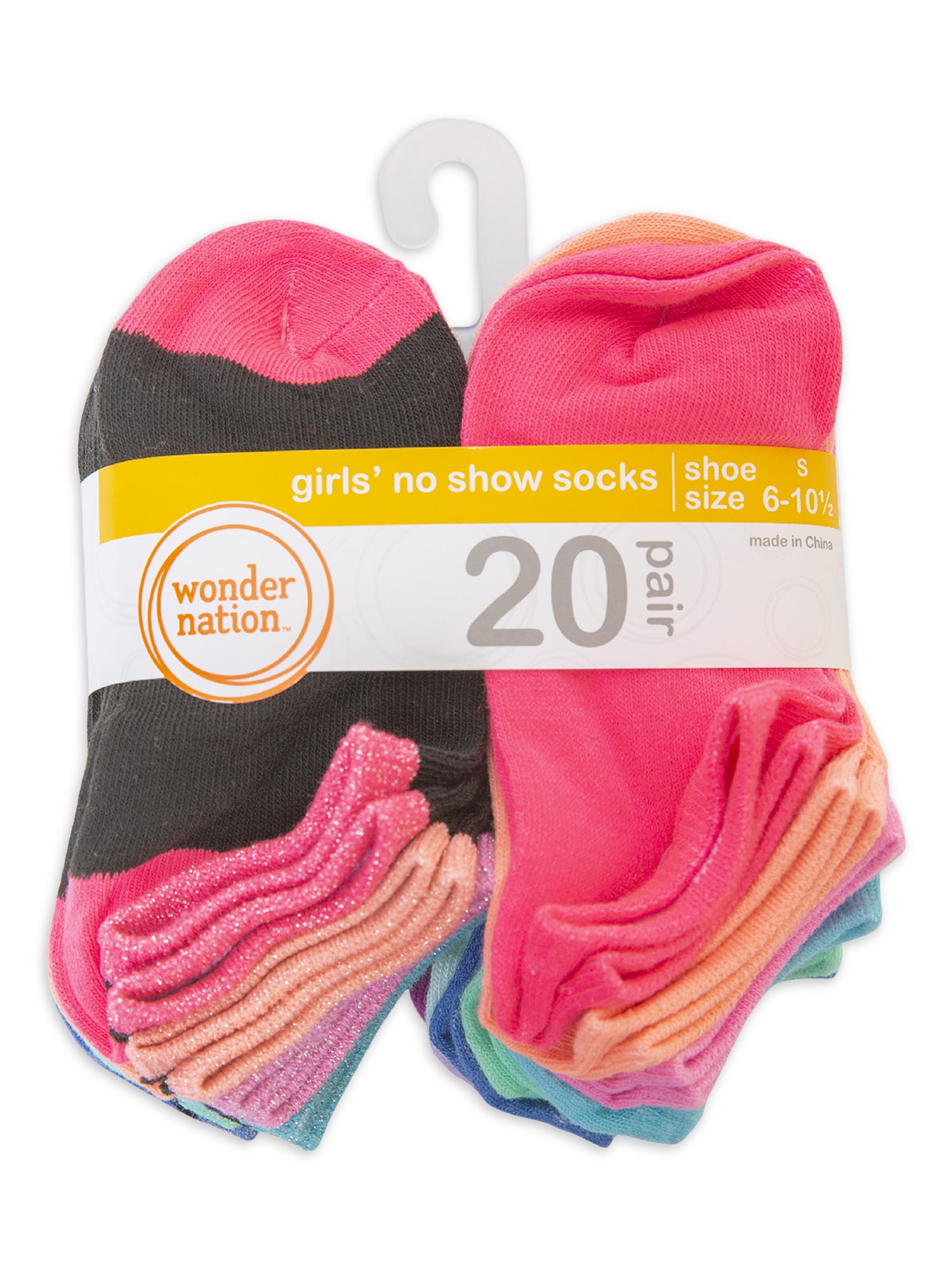 Wonder Nation Girls No Show Socks, 20-Pack, Sizes S (6-10.5) - L (4-10 ...