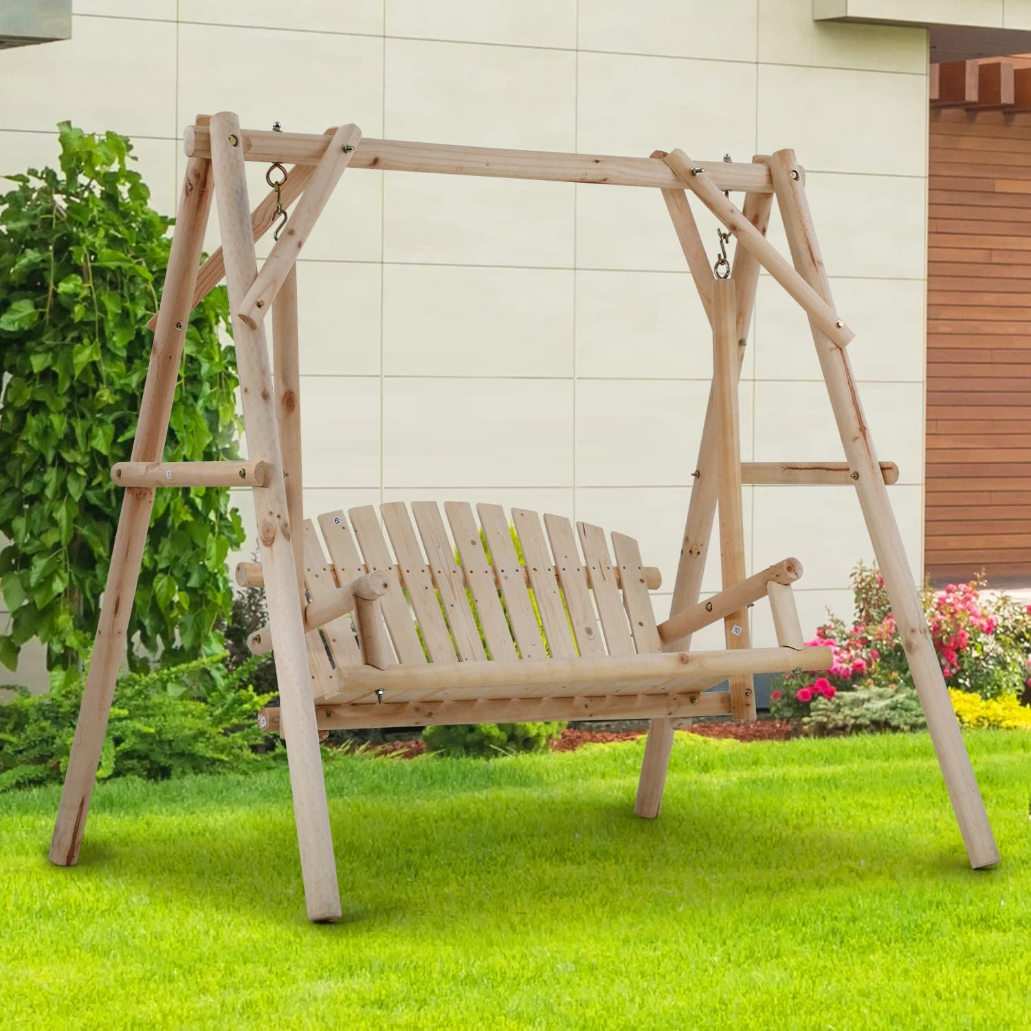 Dkelincs 67 inch Log Swing Chairs - Wooden Porch Swing 2-Seater with ...