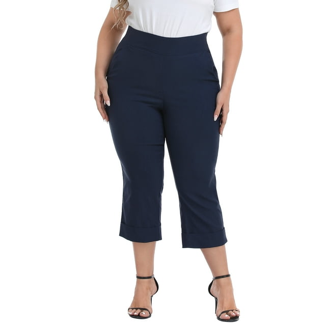 HDE Women's Plus Size Pull On Capris with Pockets Cropped Pants Navy 3X ...