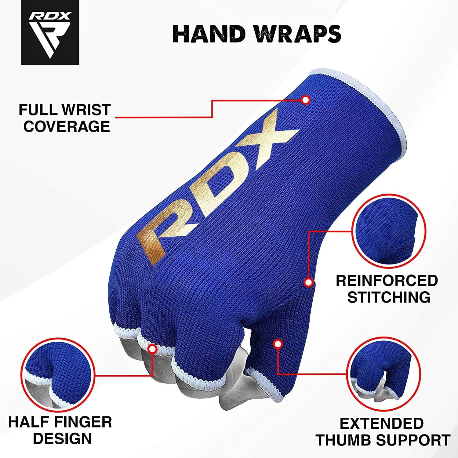 Rdx  Hands Wraps Inner Gloves  Half Finger Elasticated Bandages  Blue  L L