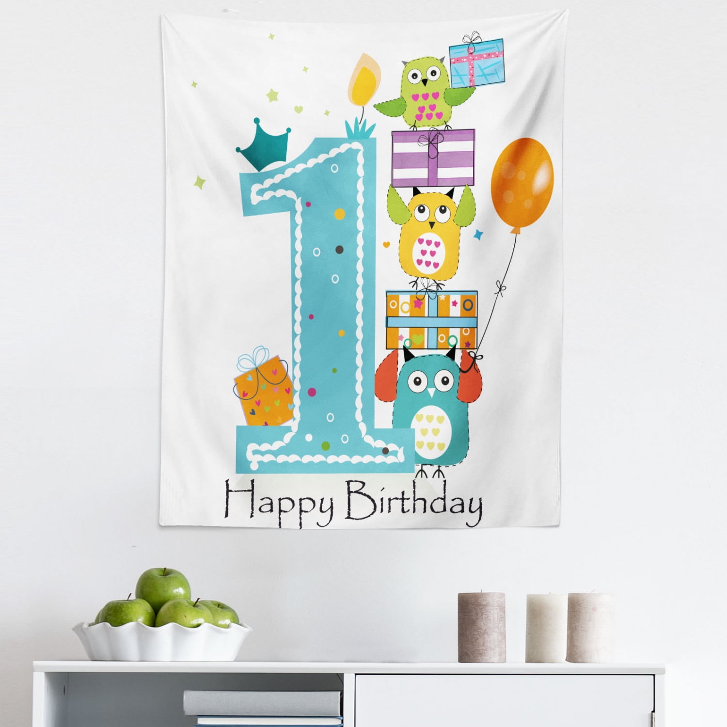 Birthday Tapestry, First Cake with Candle Owls Family with Box Party ...