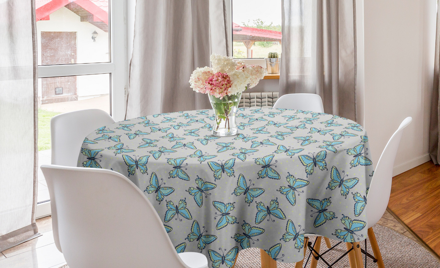 Butterfly Round Tablecloth, Pattern of Insect and Tiny Hearts Botanical ...