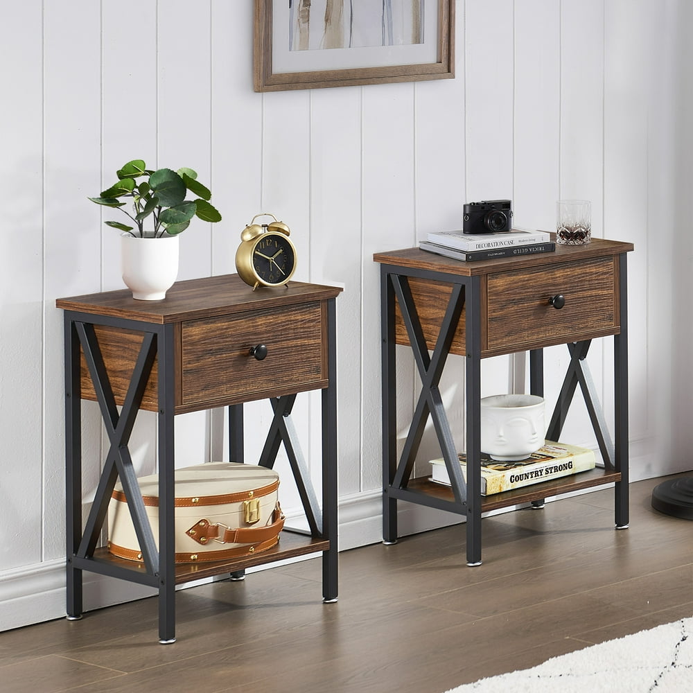 VECELO Set of 2 Nightstand with Drawer and Open Storage Shelves ...