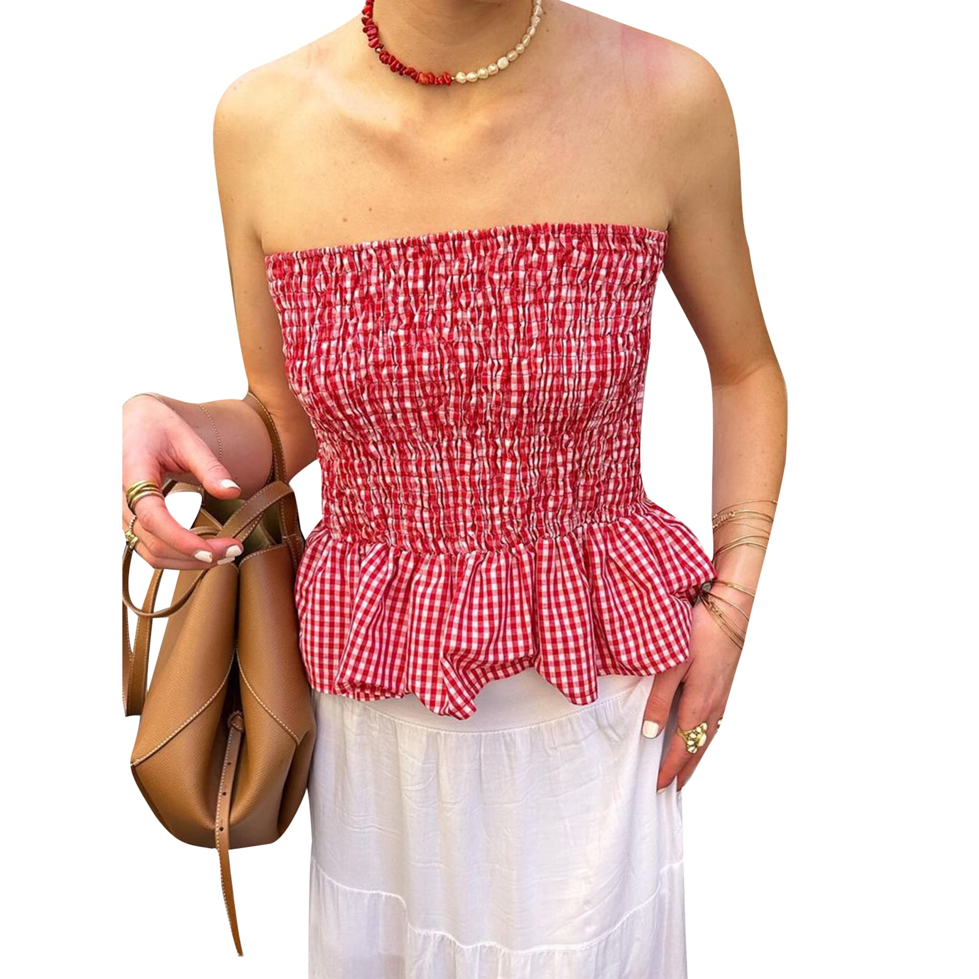 Click here for Gupgi Women Plaid Tube Top Off Shoulder Smocked Cr... prices