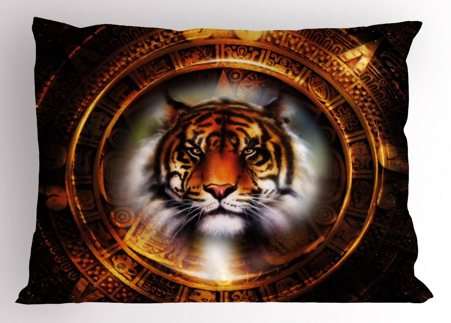 Tiger Pillow Sham Ancient Mayan Calender Design with Big Hunter Cat ...