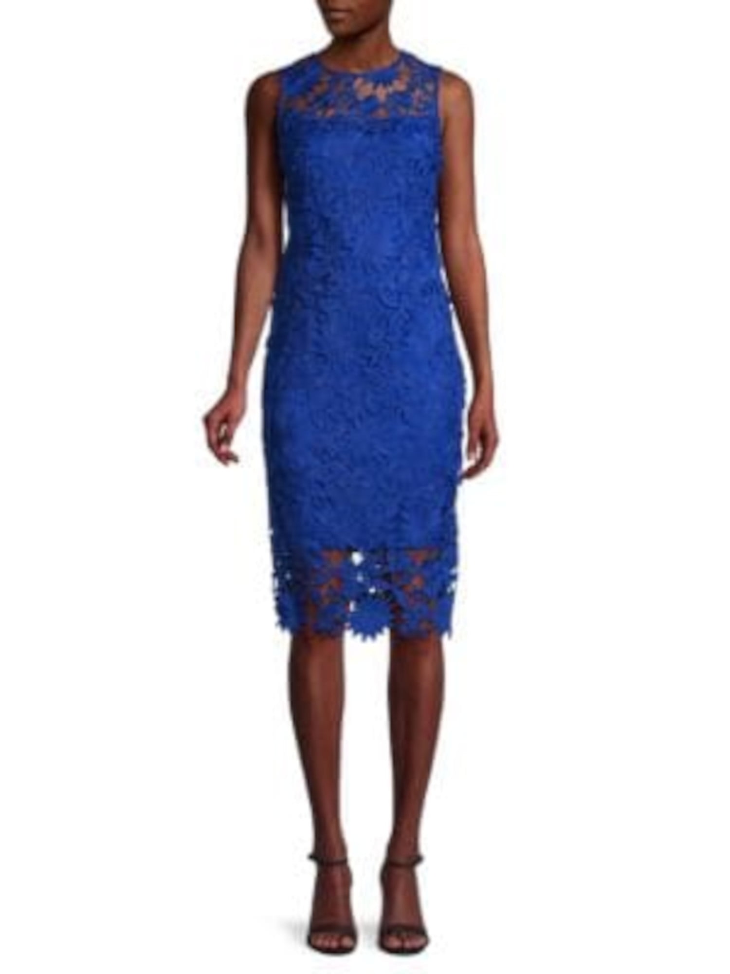 Calvin Klein Womens Blue Zippered Sheer Lined Floral Sleeveless Round