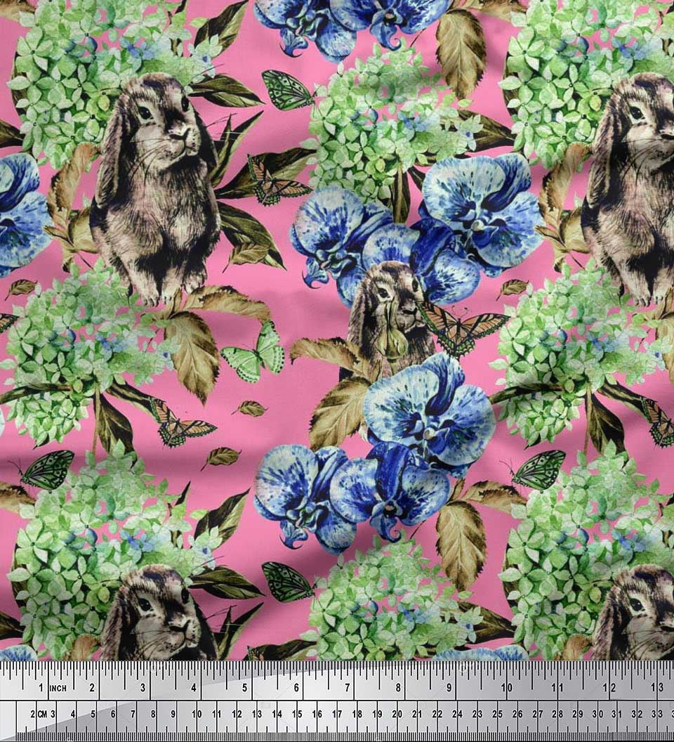 Soimoi Satin Silk Fabric Rabbit,Lilac & Pansy Floral Print Fabric by ...
