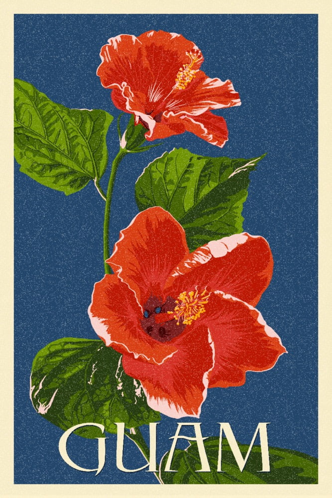 Guam, Red Hibiscus Flower, Letterpress (16x24 Giclee Gallery Art Print ...