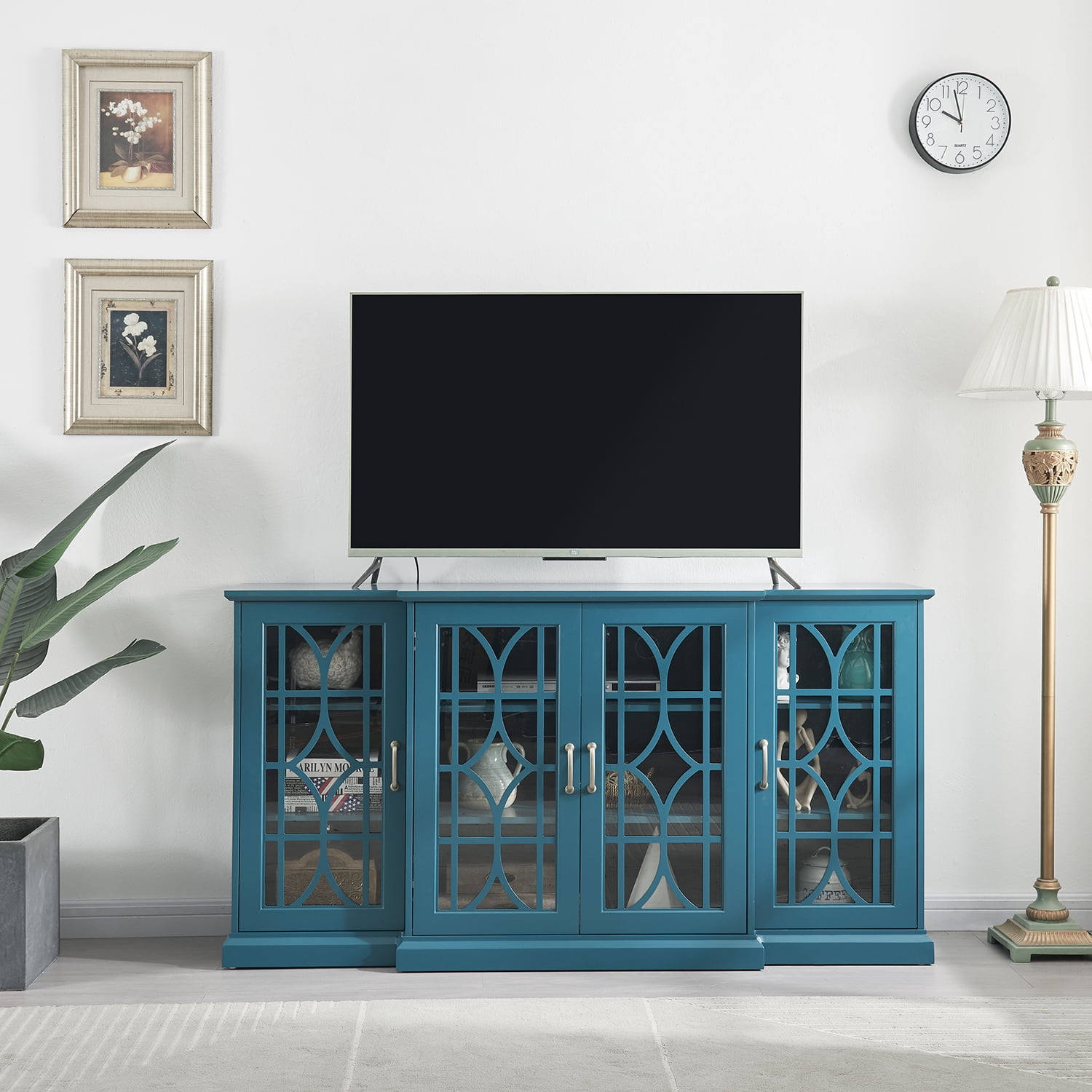 Sumdeal 63” TV Stand, Storage Buffet Cabinet, Sideboard with Glass Door ...
