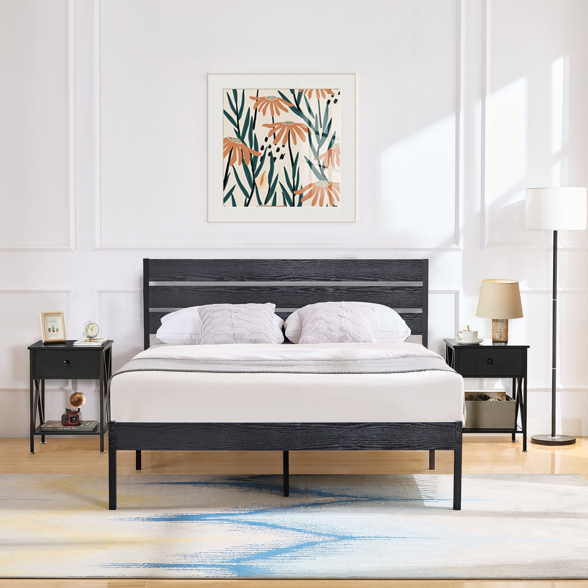 VECELO 3-piece Bedroom Set Include Queen Bed Frame with 2 Nightstands ...