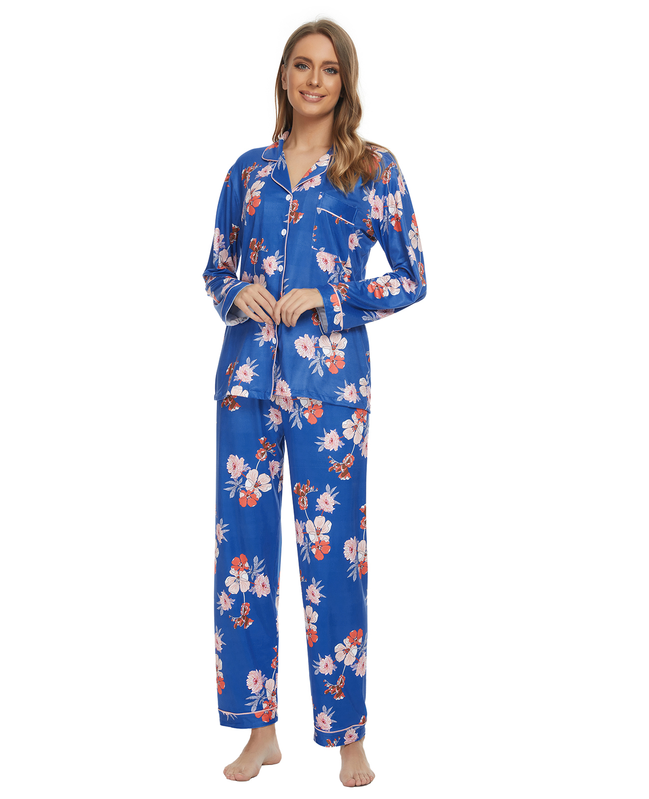 MintLimit Women's Floral Long Sleeve V-neck Button Down Pocket Shirt ...