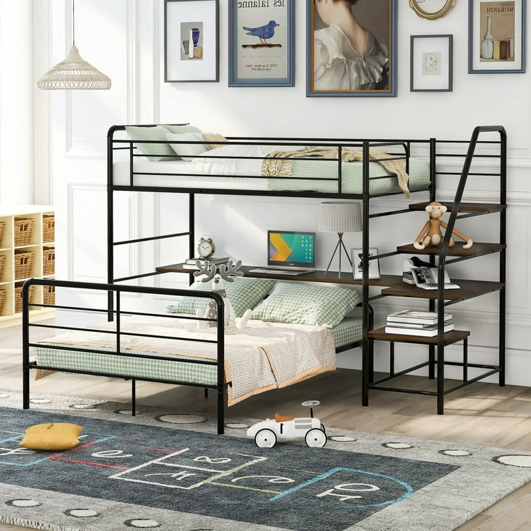 Twin Over Full Bunk Bed with Desk and Ladder and Separate Platform Bed for Children Teens Adults 97 L 41.4 W 69.3 H Black Walmart