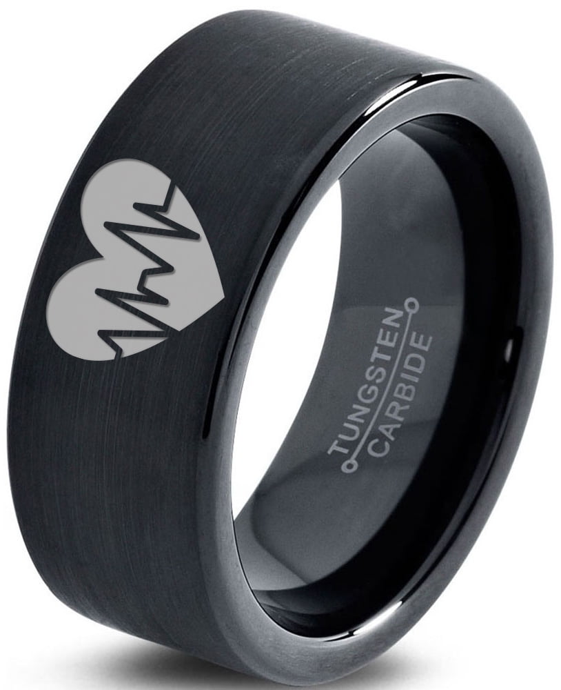 Tungsten Heart Beat HeartBeat Emoji Line CPR EMT Band Ring 9mm Men ...