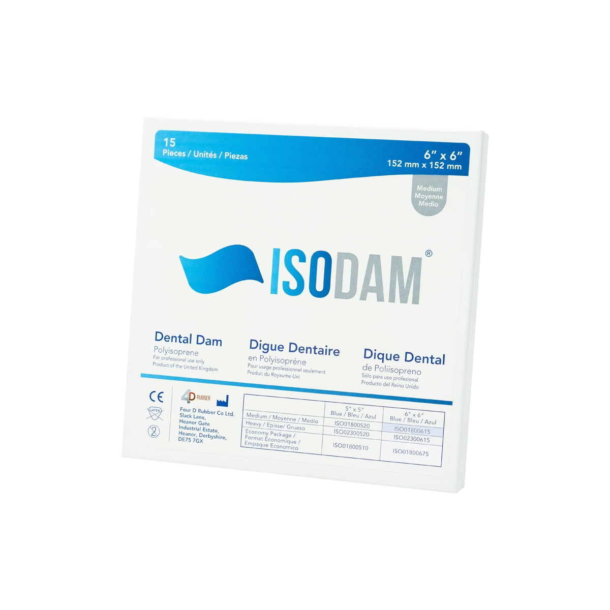 4D Rubber ISO01800615 Isodam Non-Latex Dental Dams 6 x 6 Medium Blue 15 ...