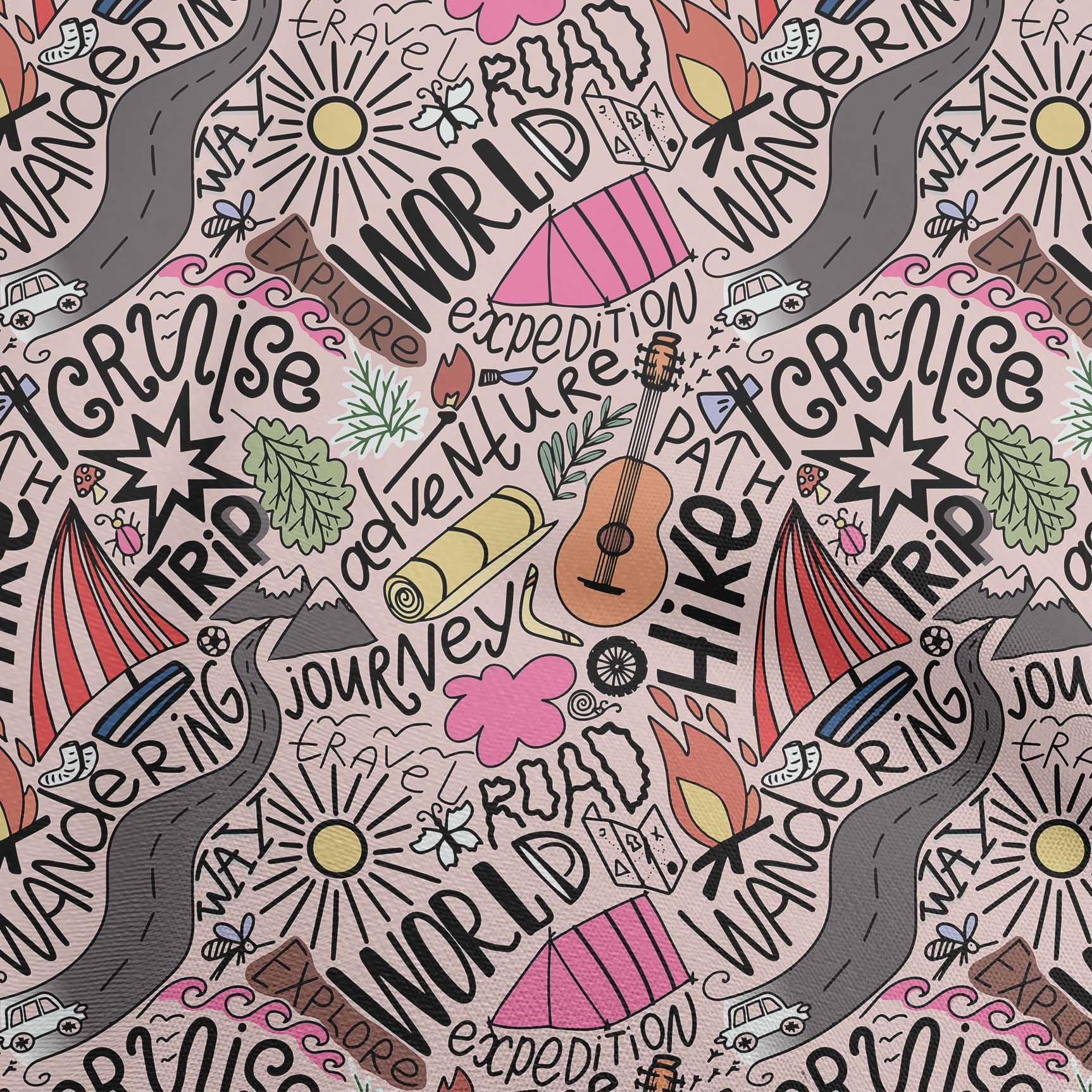 oneOone Silk Tabby Light Pink Fabric Writing World Trip Doodle Fabric ...