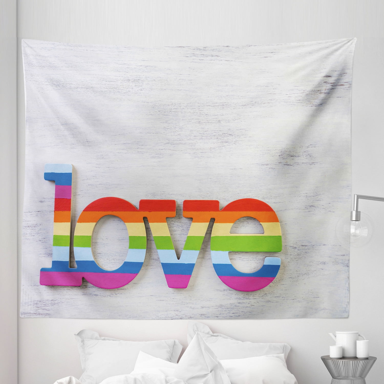Pride Tapestry, Rainbow Colored Love Sign on Wooden Backdrop LGBT ...