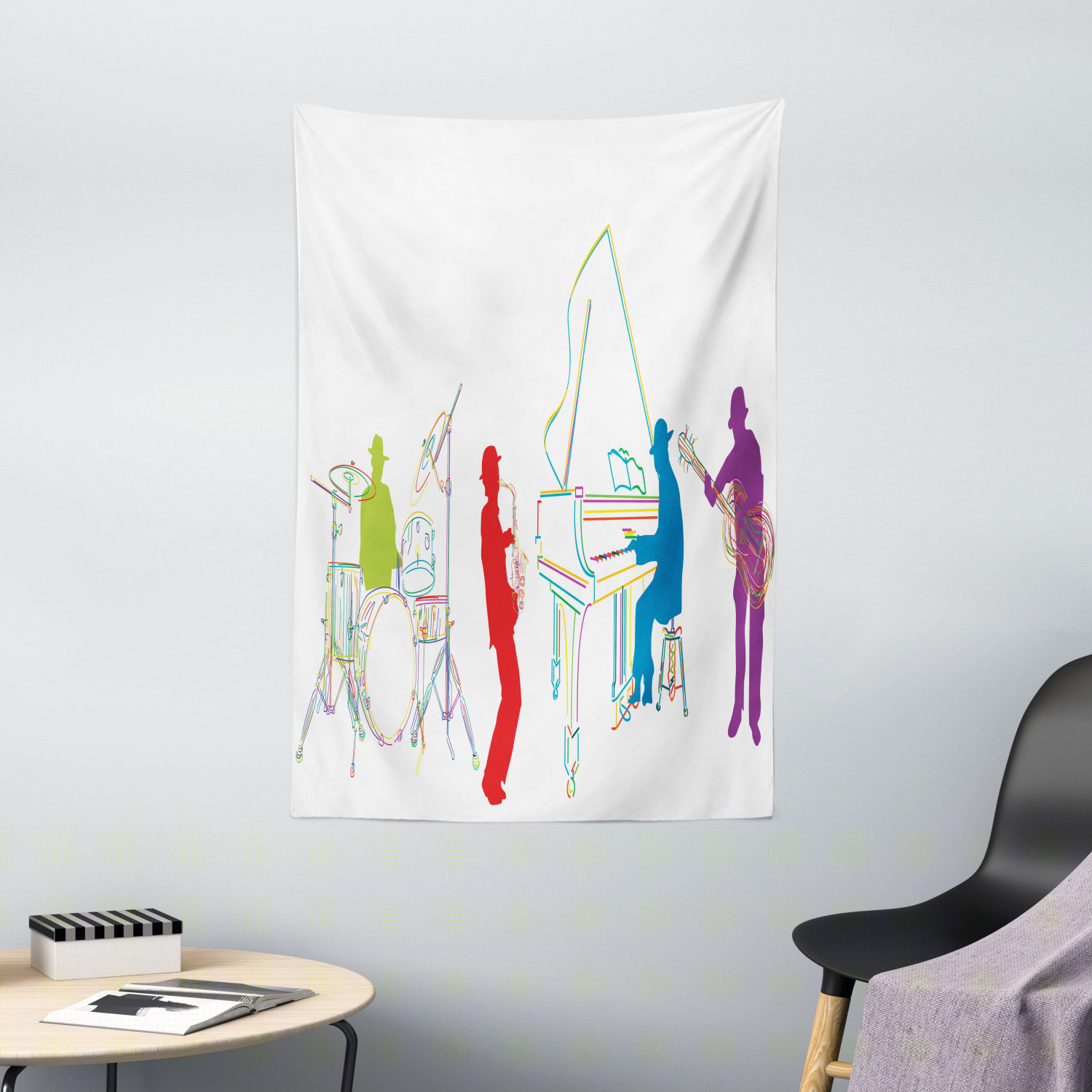 Music Tapestry, Vibrant Colored Jazz Band Instruments Modern ...