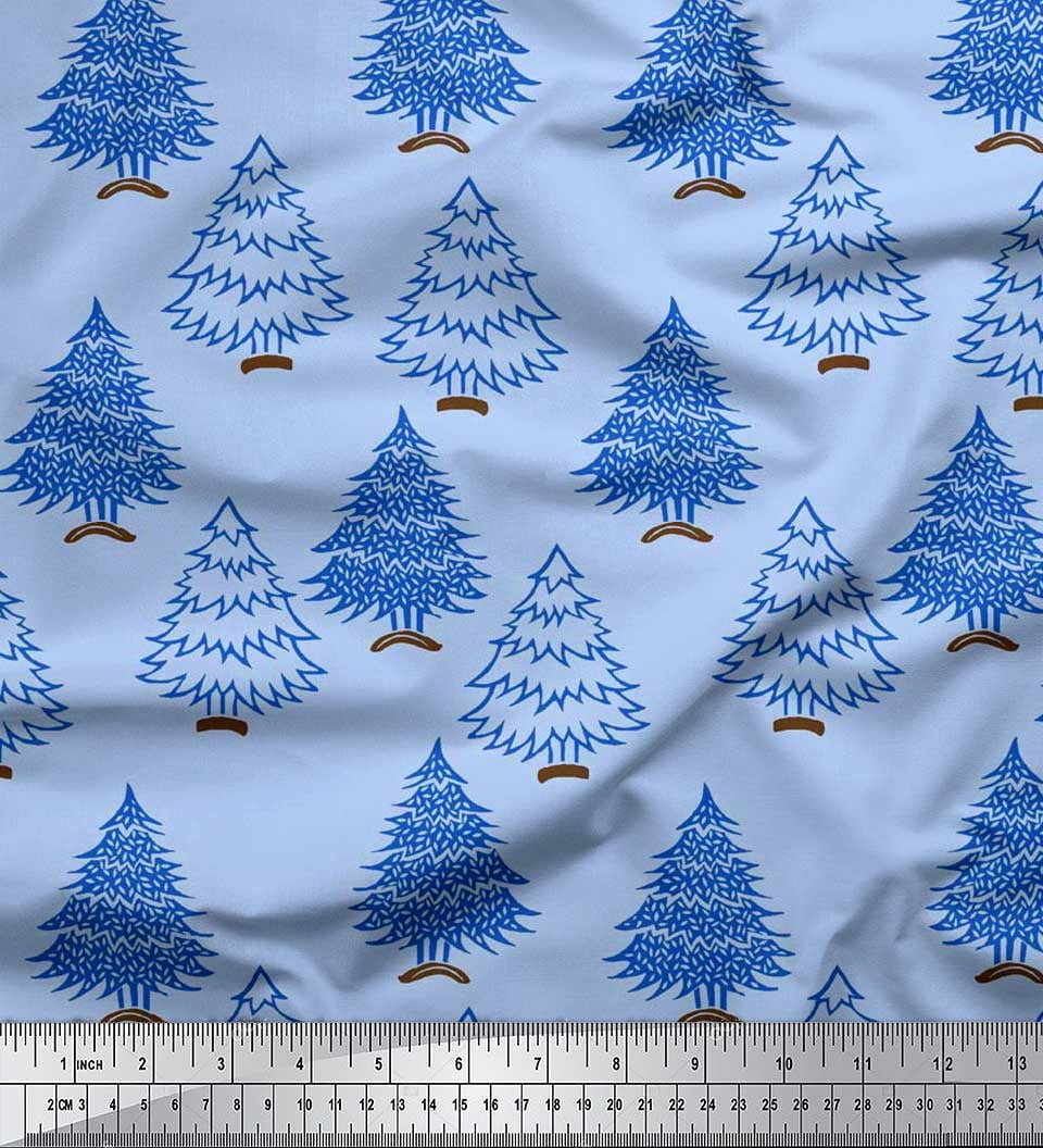 Soimoi Satin Silk Fabric Christmas Tree Block Print Fabric by The Yard ...