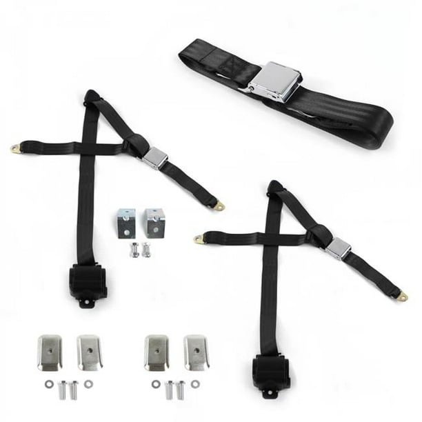 Black Retractable Bench Seat Belt Kit with Bracketry for VW Karmann ...
