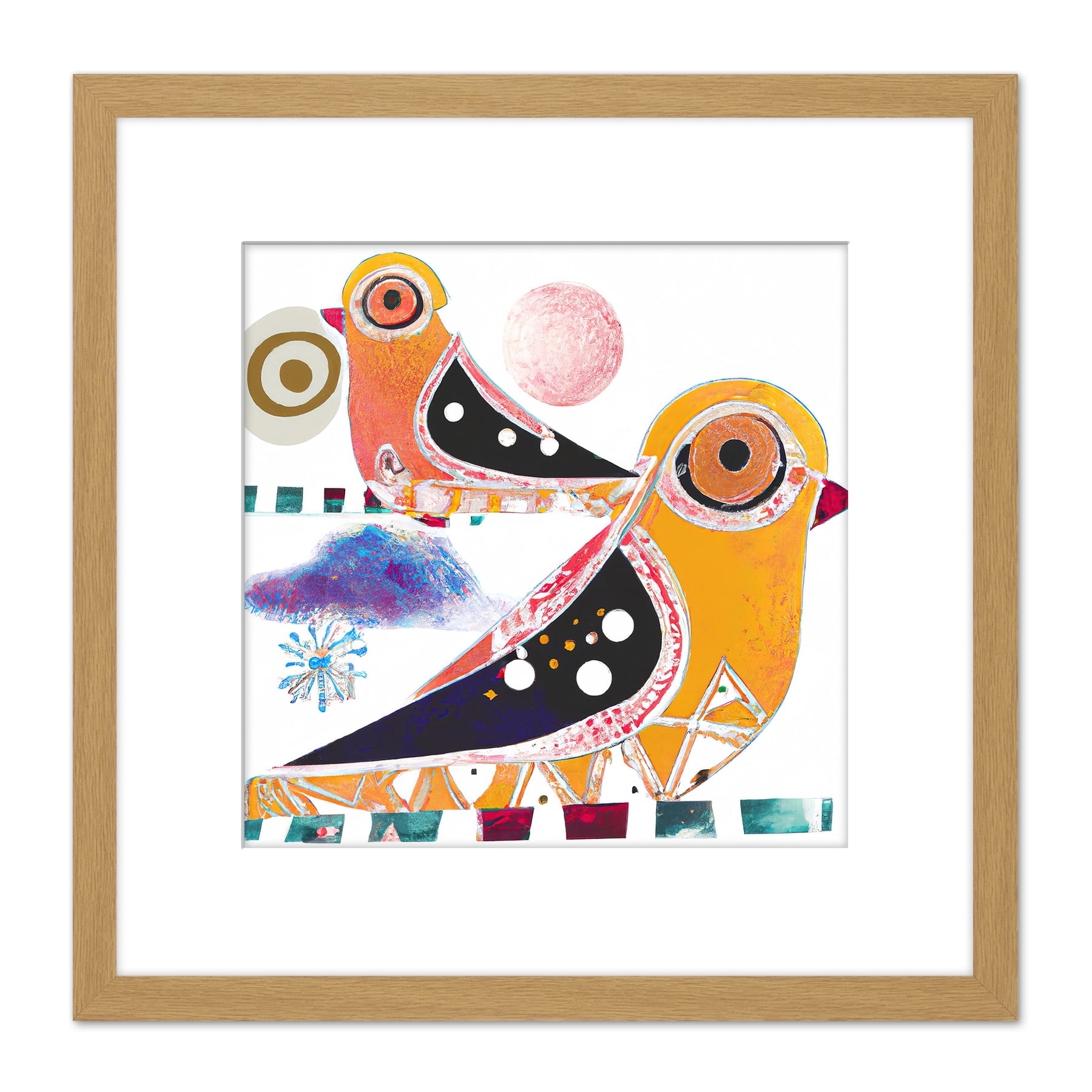 Boho Folk Art Birds Pattern Feathers Quirky Illustration Square Wooden ...