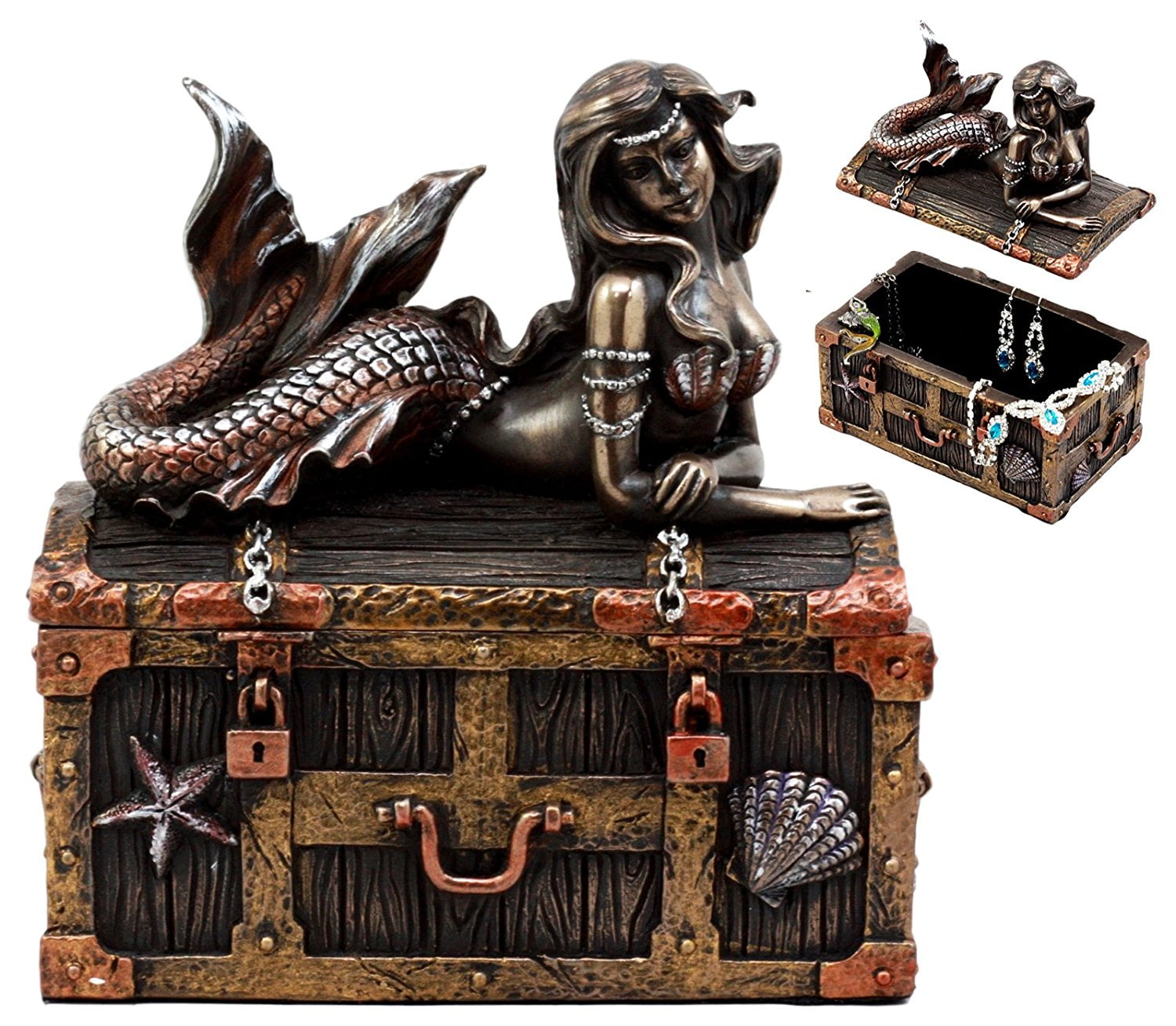 Ebros Bronzed Mermaid Nerida Resting On Sunken Treasure Jewelry Box ...