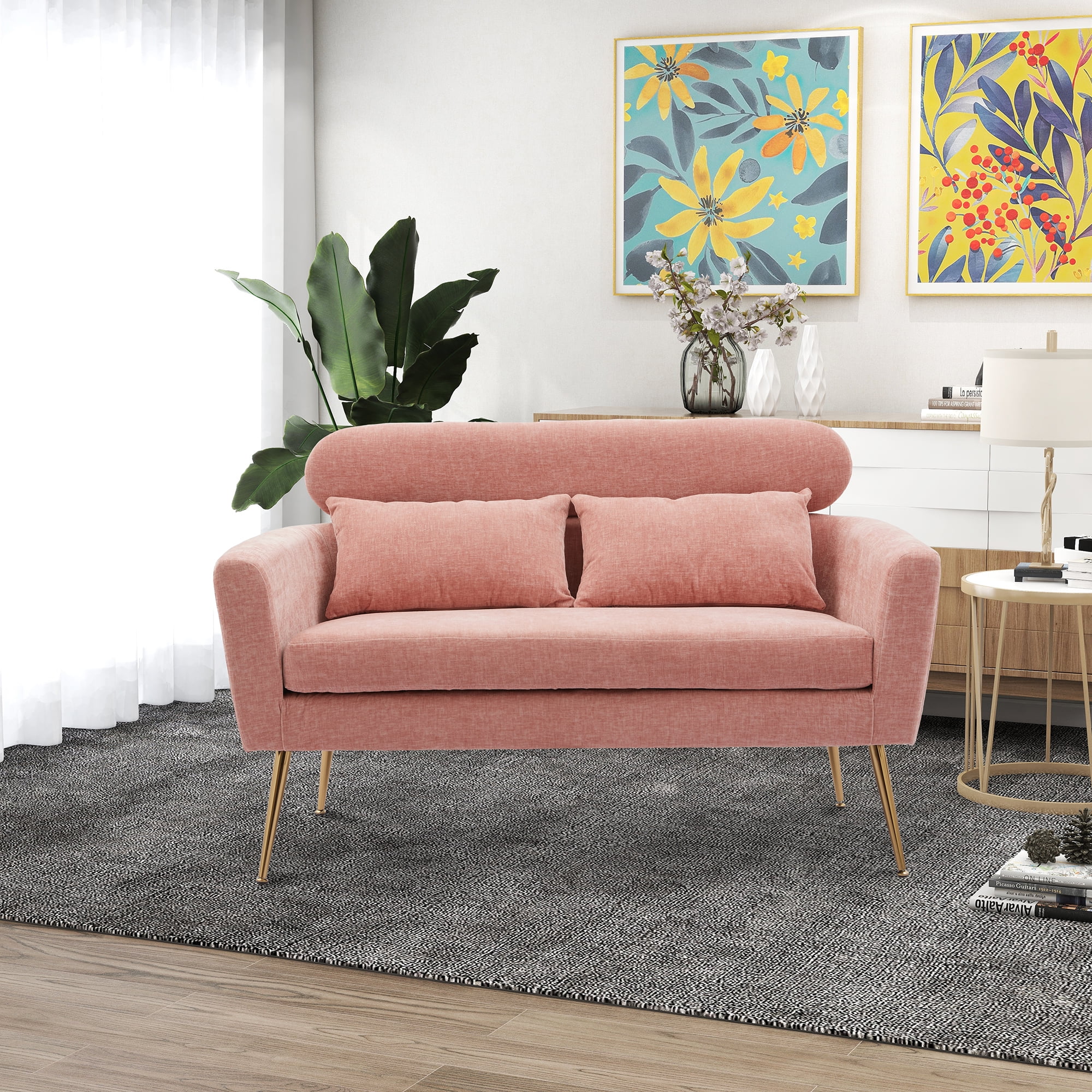 51"W Modern Loveseat with Gold Metal Legs and 2 Pillows, Chenille ...
