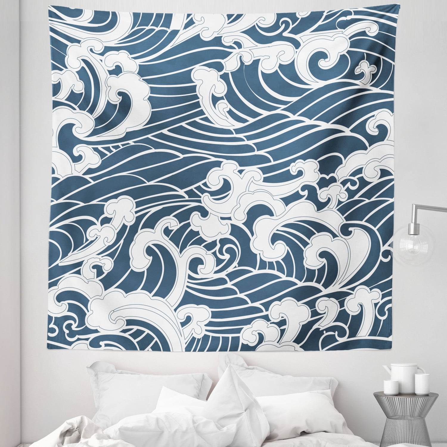 Japanese Wave Tapestry, Hand Drawn Traditional Style Aquatic Doodle ...