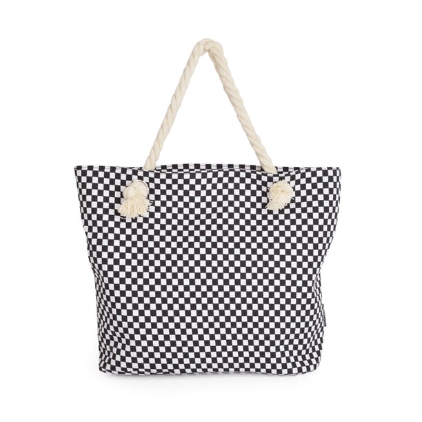 Premium Large Black & White Checkered Print Canvas Tote Shoulder Bag ...