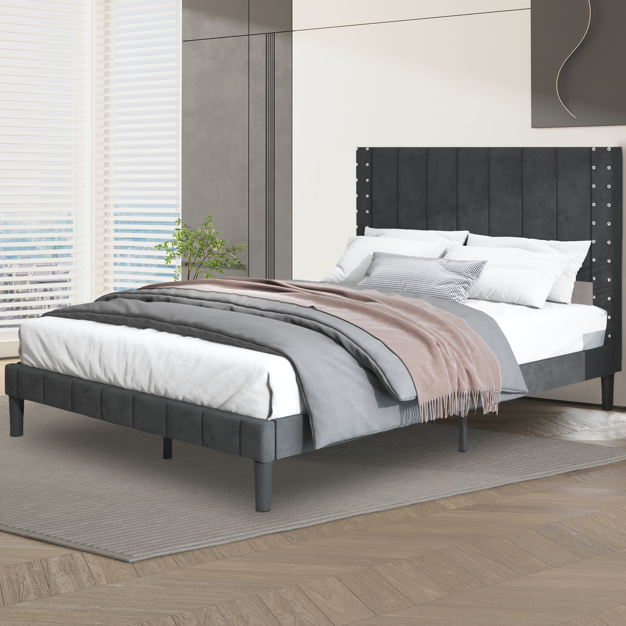 Black Full Bed Frame for Adults Kids, Modern Fabric Upholstered ...