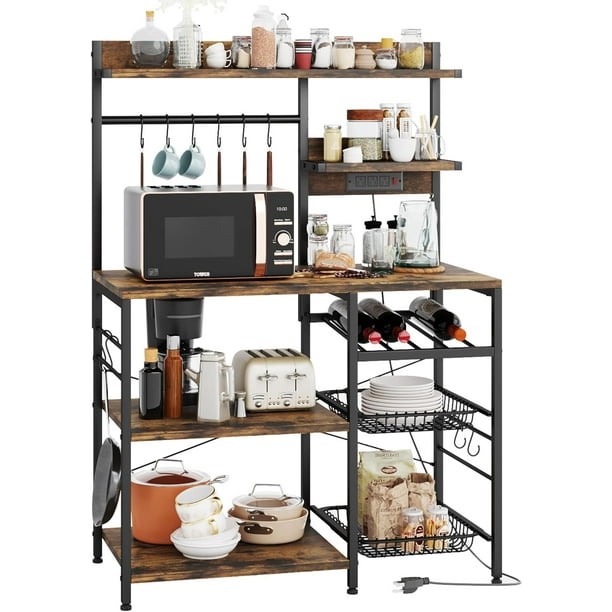 Large Bakers Rack with Power Outlets,6-Tier Microwave Stand, Rustic ...