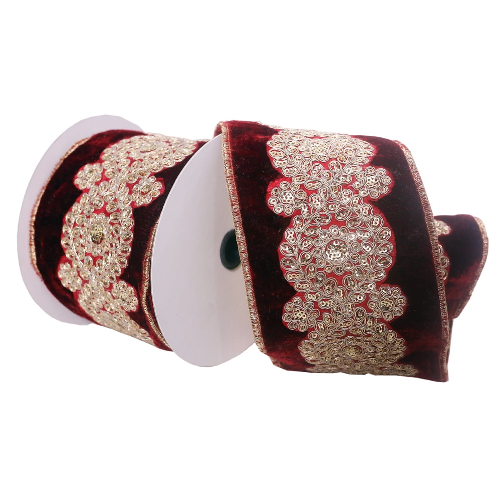 Vickerman 4" x 5 Yards Wine Velvet Ribbon with Light Gold Sequin ...