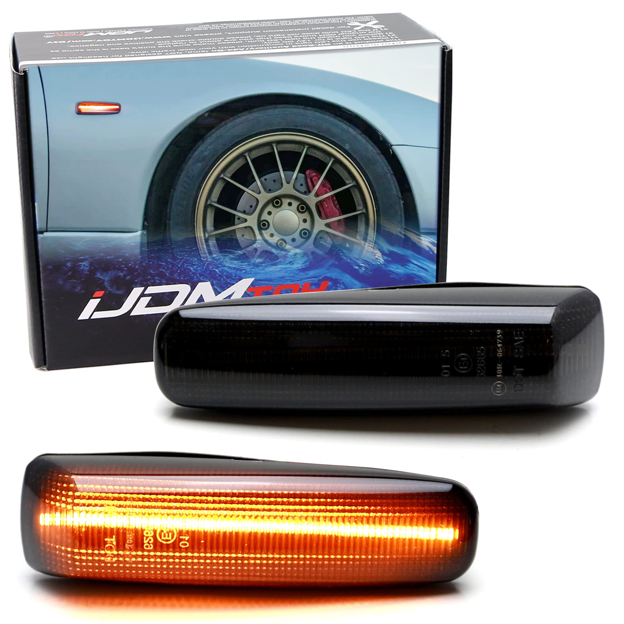 iJDMTOY JDM-Spec Black-Out Smoked Lens Amber LED Sequential Blink Front Fender Side Marker ...