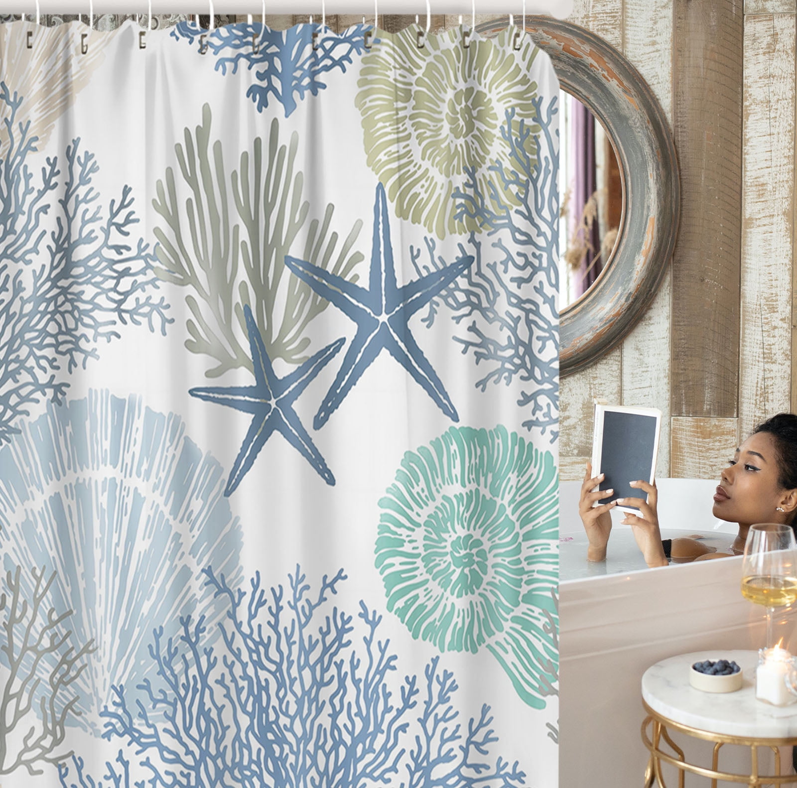 Nautical Coastal Starfish Seashell Coral Shower Curtains, Waterproof ...
