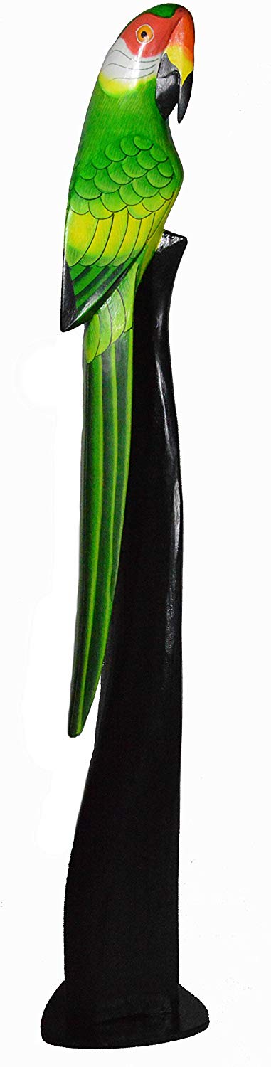 40" Tall Hand Carved Wood Green Parrot Statue Sculpture Stand Art ...