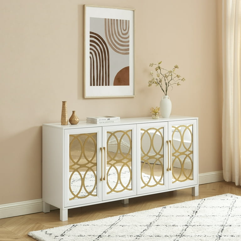 EDYO LIVING Mirrored Sideboard Buffet Cabinet Wood Credenza Storage Cabinet with Shelves for Living Room White Walmart