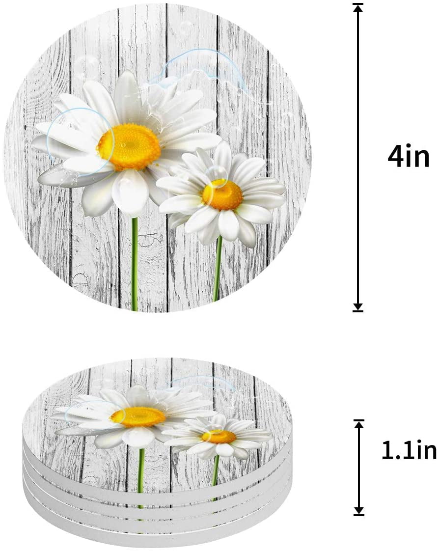 ZHANZZK Summer Daisy Water Drops on Wood Grain Set of 8 Round Coaster ...